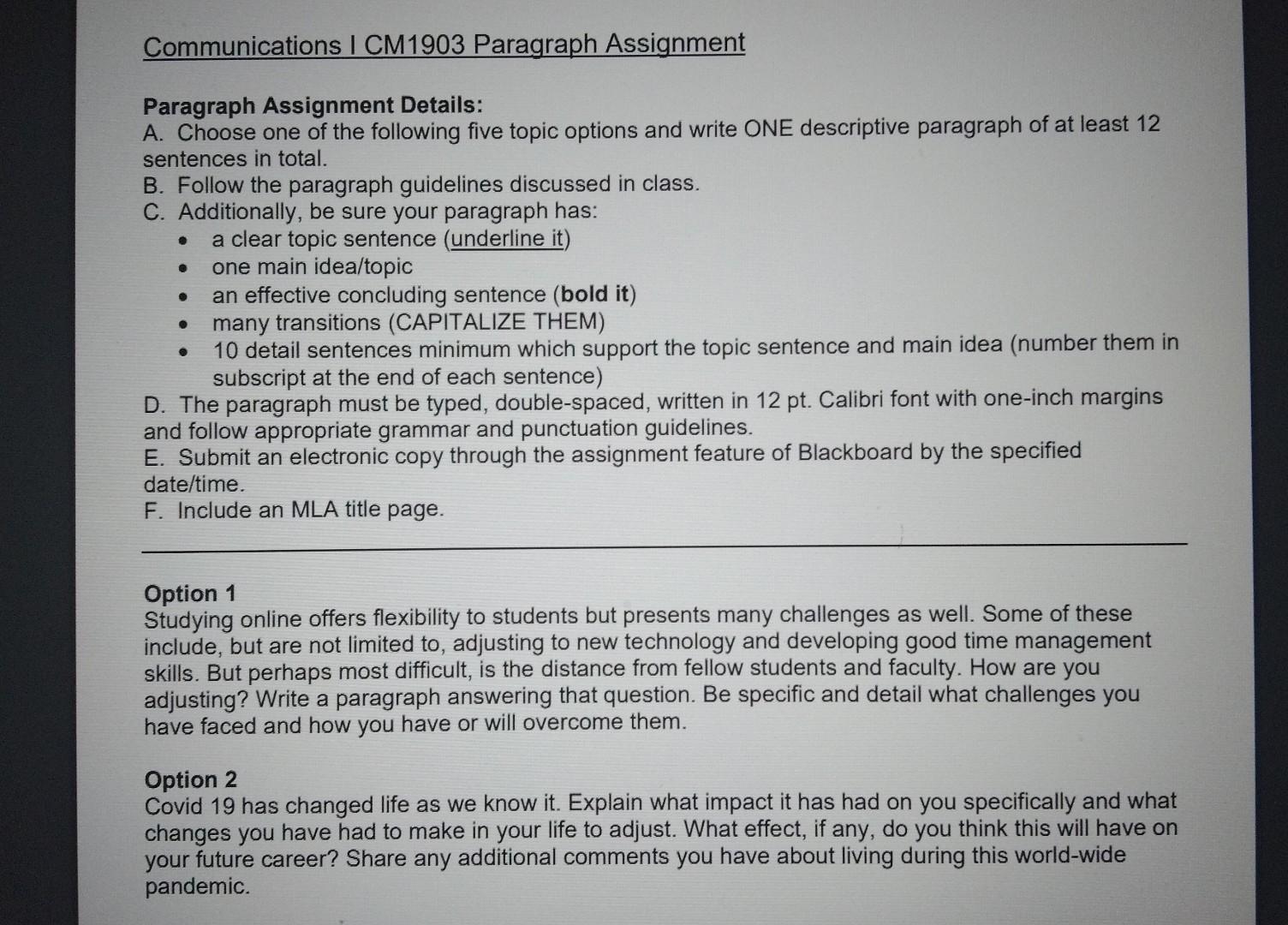 Communications I CM1903 Paragraph Assignment | Chegg.com