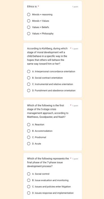 Solved Ethics is:" Morals + feasoning Morals + Values | Chegg.com