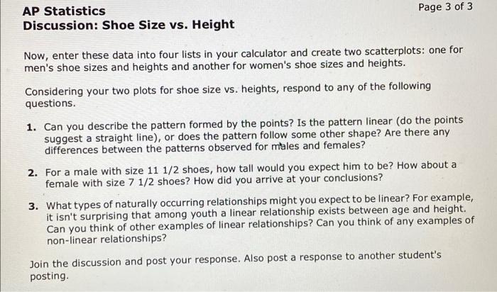 Solved Shoe Size vs. Height Discussion Topic Do taller | Chegg.com