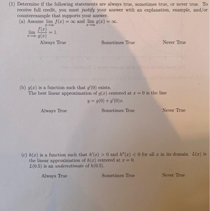 Solved 1 Determine If The Following Statements Are Always