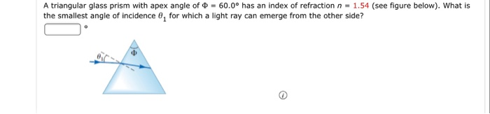 Solved A triangular glass prism with apex angle of O = 60.0° | Chegg.com