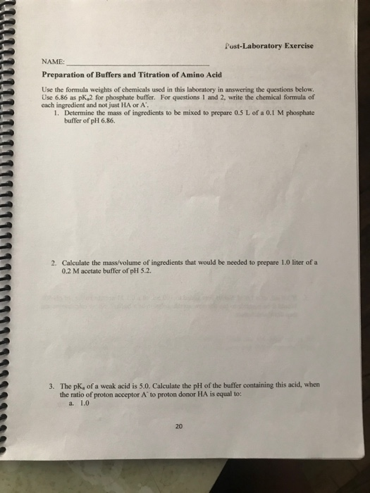 Solved Post-Laboratory Exercise NAME: Preparation of Buffers | Chegg.com