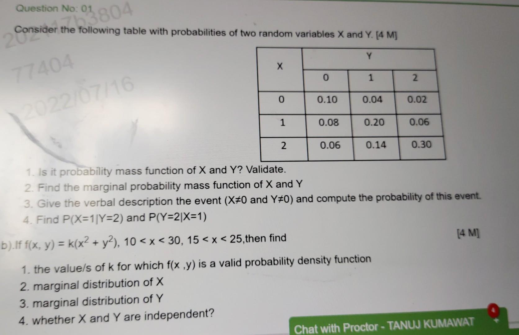 Solved Consider the following table with probabilities of | Chegg.com