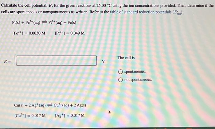 Solved Calculate The Cell Potential E For The Given