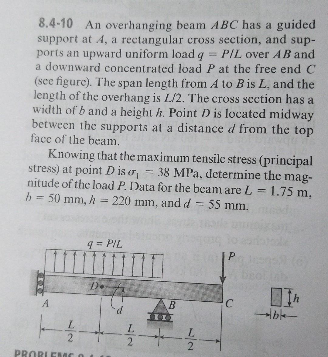 Solved 8.4-10 An overhanging beam ABC has a guided support | Chegg.com