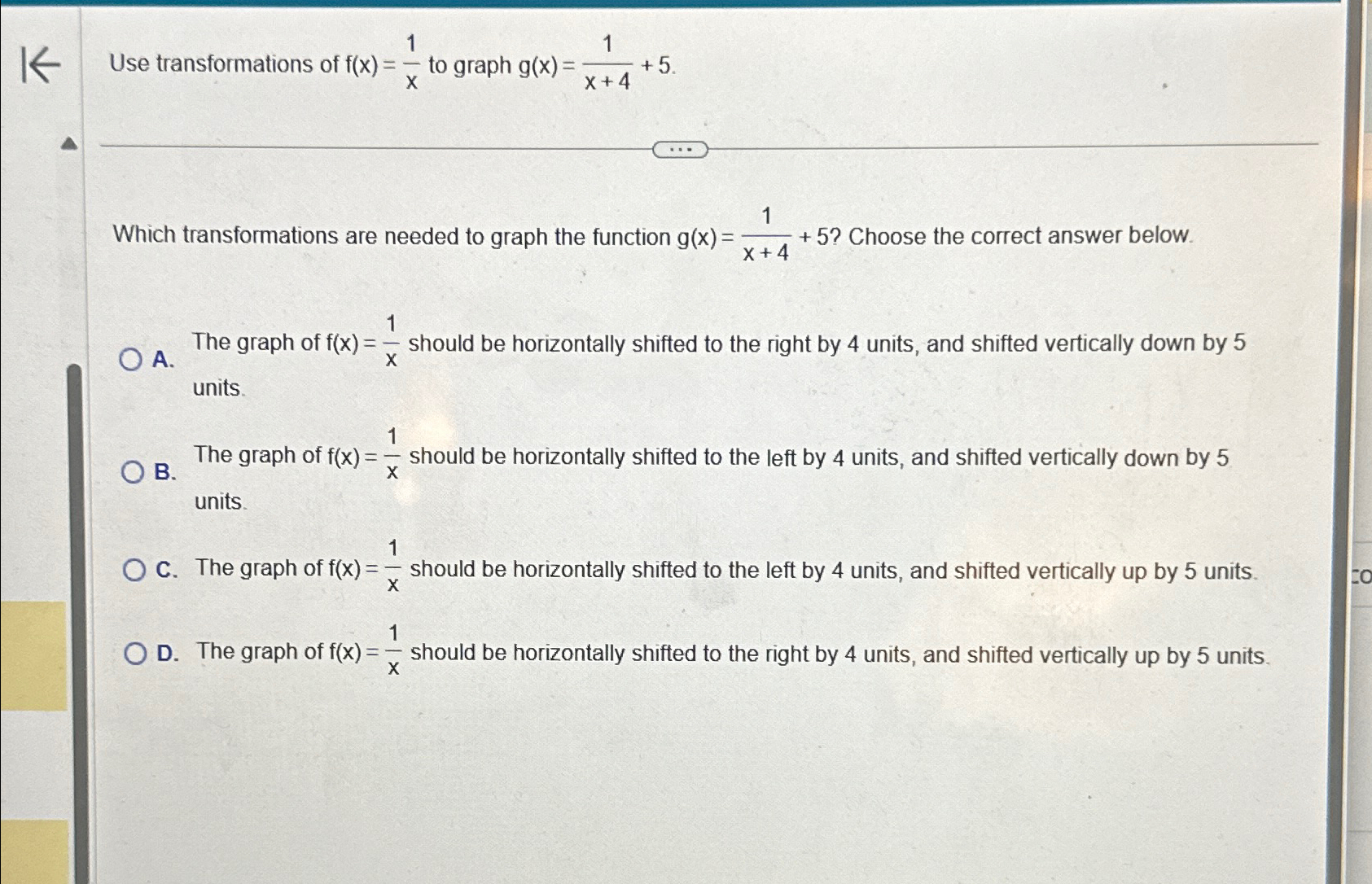 Solved Use transformations of f(x)=1x ﻿to graph | Chegg.com