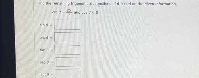 Solved Find the remaining trigonometric functions of θ based | Chegg.com