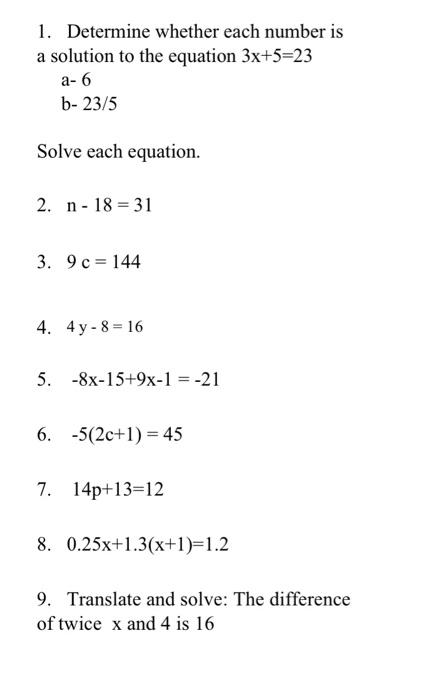 Solved 1. Determine whether each number is a solution to the | Chegg.com