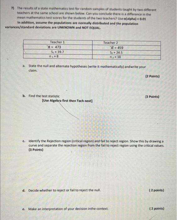 Solved 7) The results of a state mathematics test for random | Chegg.com