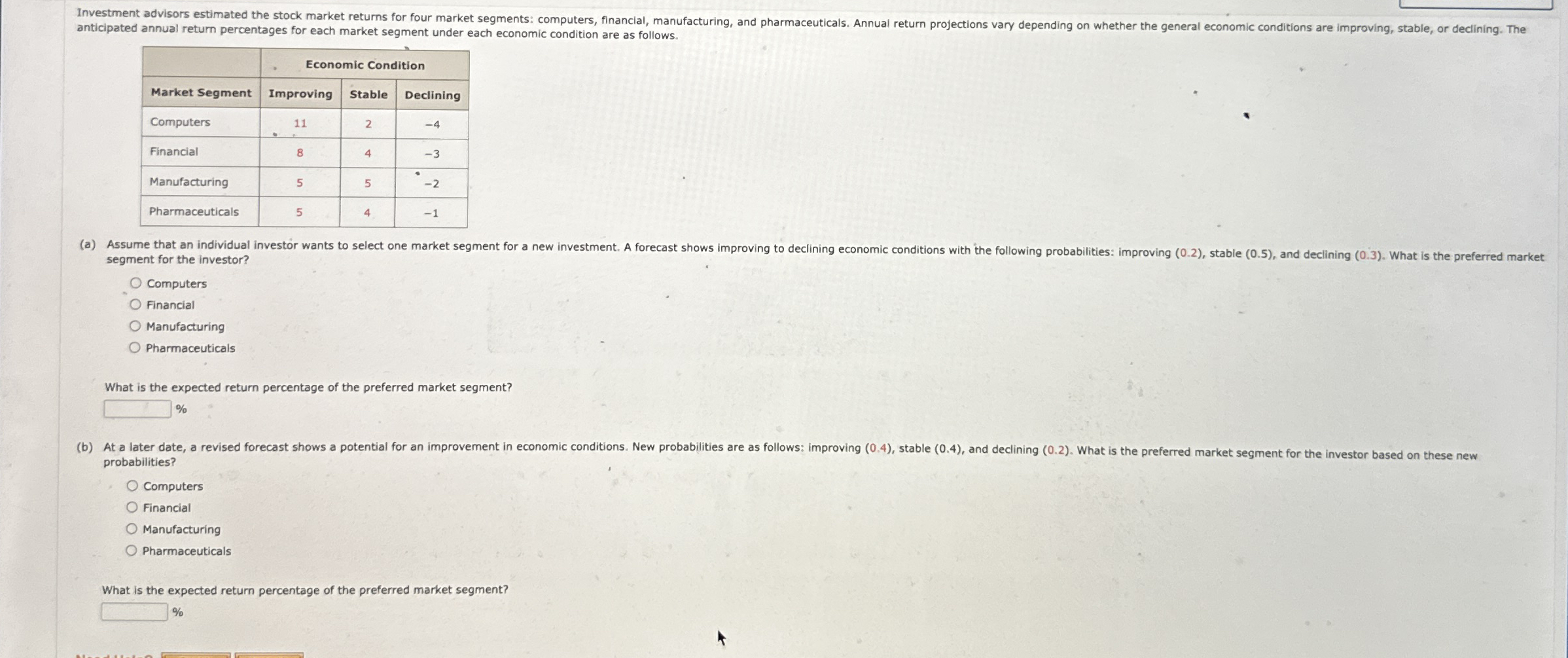 Solved anticipated annual return percentages for each market | Chegg.com