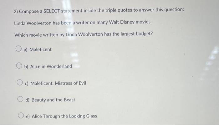 Solved 2) Compose a SELECT statement inside the triple | Chegg.com