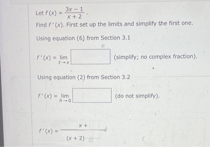 Solved Let f(x)=x+23x−1 Find f′(x). First set up the limits | Chegg.com