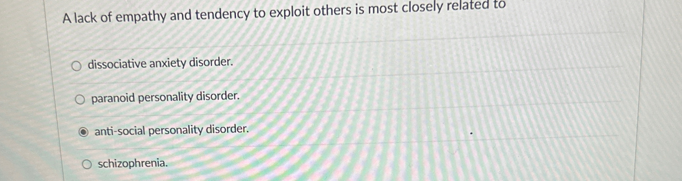 Solved A lack of empathy and tendency to exploit others is | Chegg.com