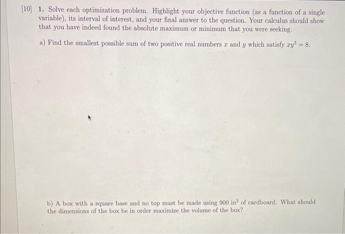 Solved 0] 1. Solve each optimization problem. Highlight your | Chegg.com