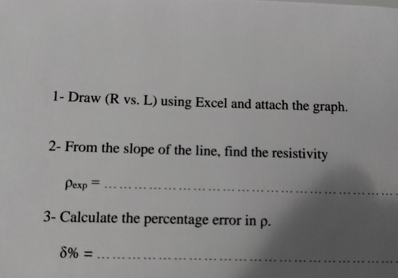 Solved Resistivity ρactual = Wire length L=1- Draw (R vs. L) | Chegg.com