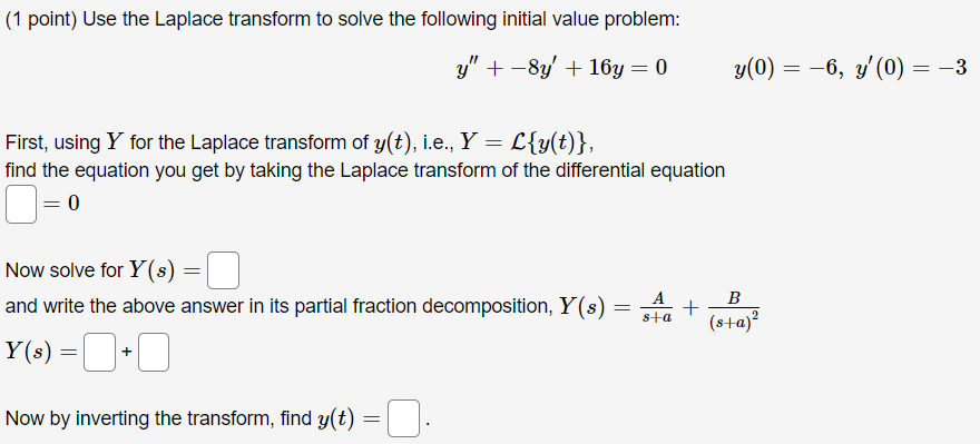 Solved (1 ﻿point) ﻿Use the Laplace transform to solve the | Chegg.com