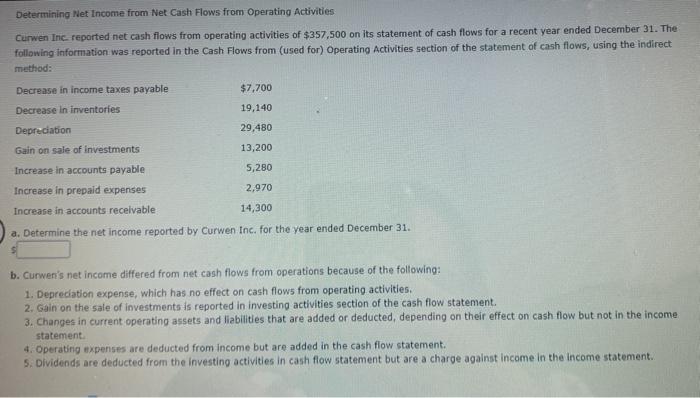 Solved Determining Net Income from Net Cash Flows from | Chegg.com