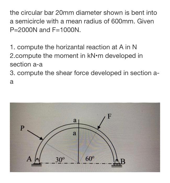 Solved the circular bar 20mm diameter shown is bent into a | Chegg.com