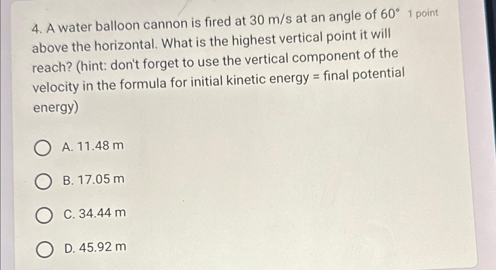 Solved A water balloon cannon is fired at 30(m)/(s) at an | Chegg.com