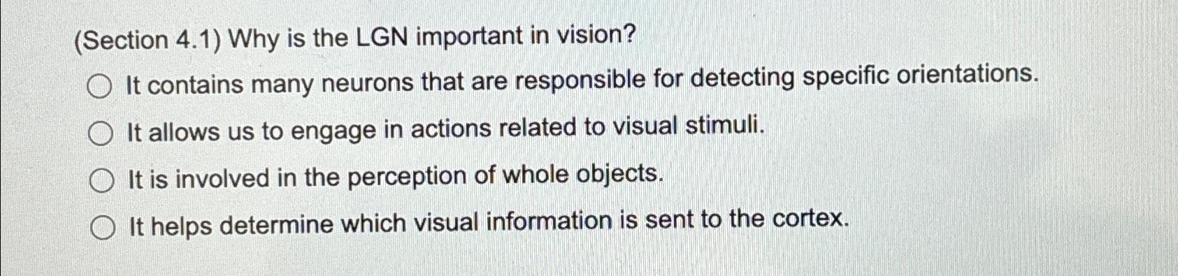 Solved (Section 4.1) ﻿Why is the LGN important in vision?It | Chegg.com