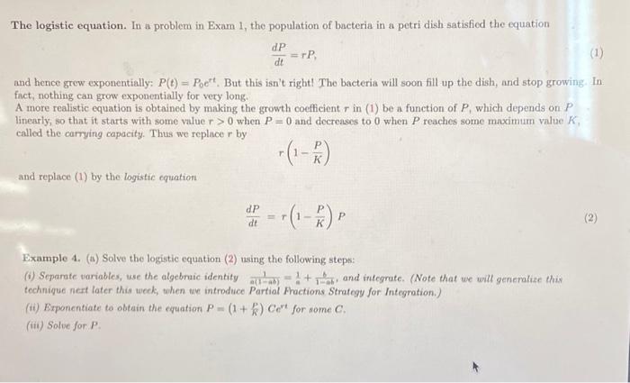 Solved The logistic equation. In a problem in Exam 1, the | Chegg.com