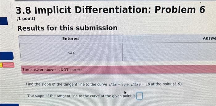 Solved 3.8 Implicit Differentiation: Problem 6 (1 point) | Chegg.com