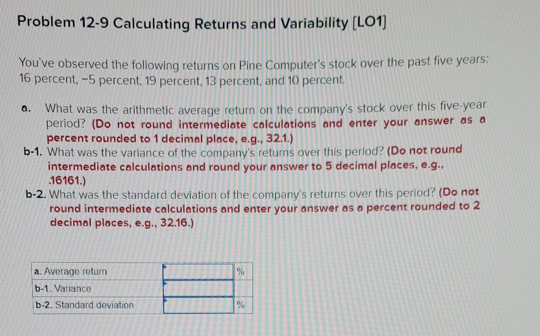 Solved Problem 12-9 Calculating Returns and Variability | Chegg.com