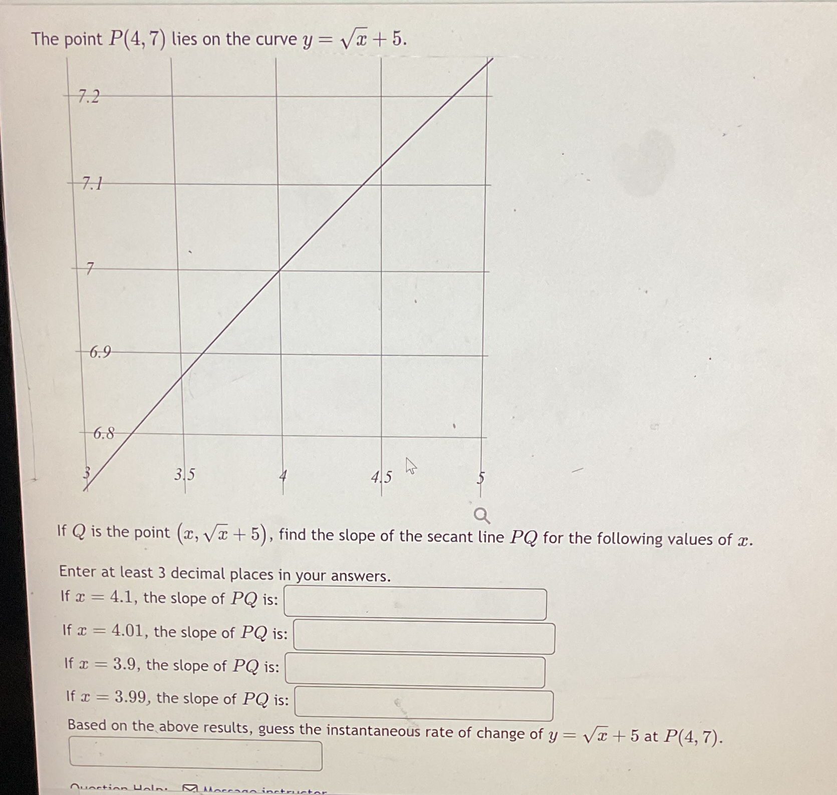 Solved The point P(4,7) ﻿lies on the curve y=x2+5.If Q ﻿is | Chegg.com
