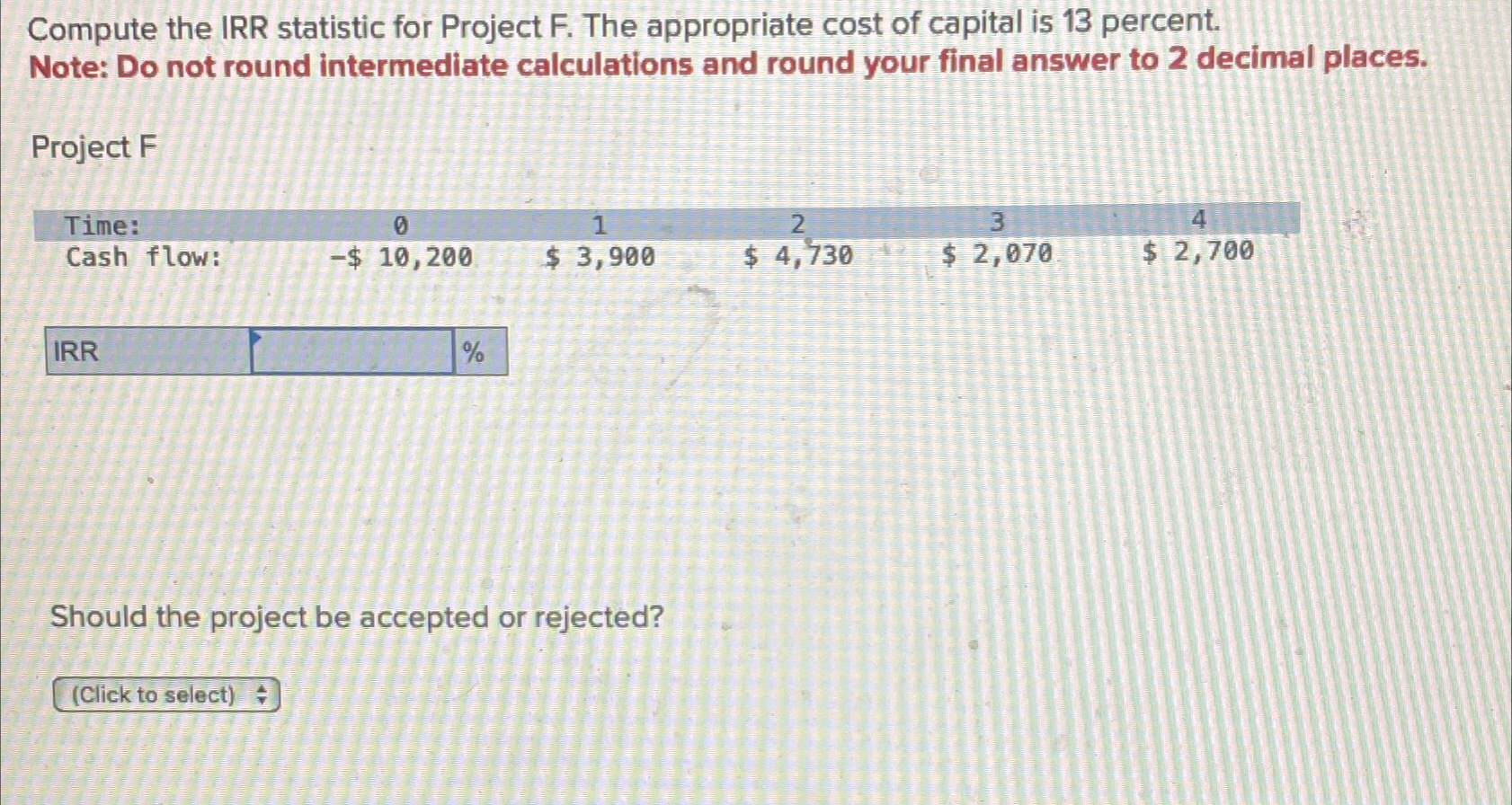 Solved Compute the IRR statistic for Project F. ﻿The | Chegg.com