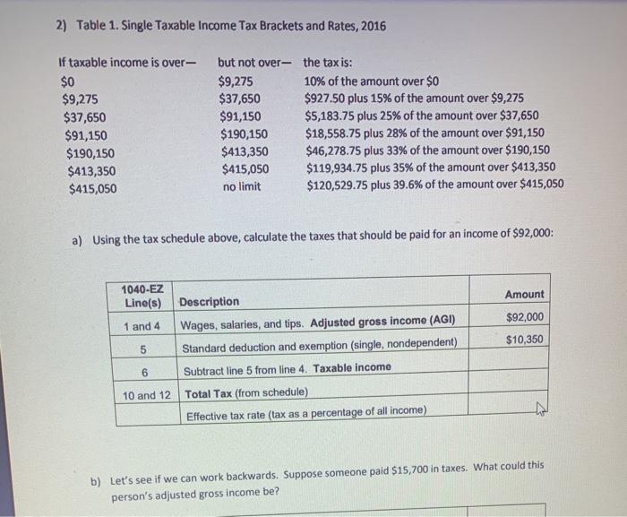 Solved 2) Table 1. Single Taxable Income Tax Brackets and | Chegg.com