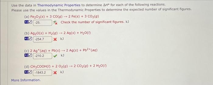 Solved Use the data in Thermodynamic Properties to determine | Chegg.com