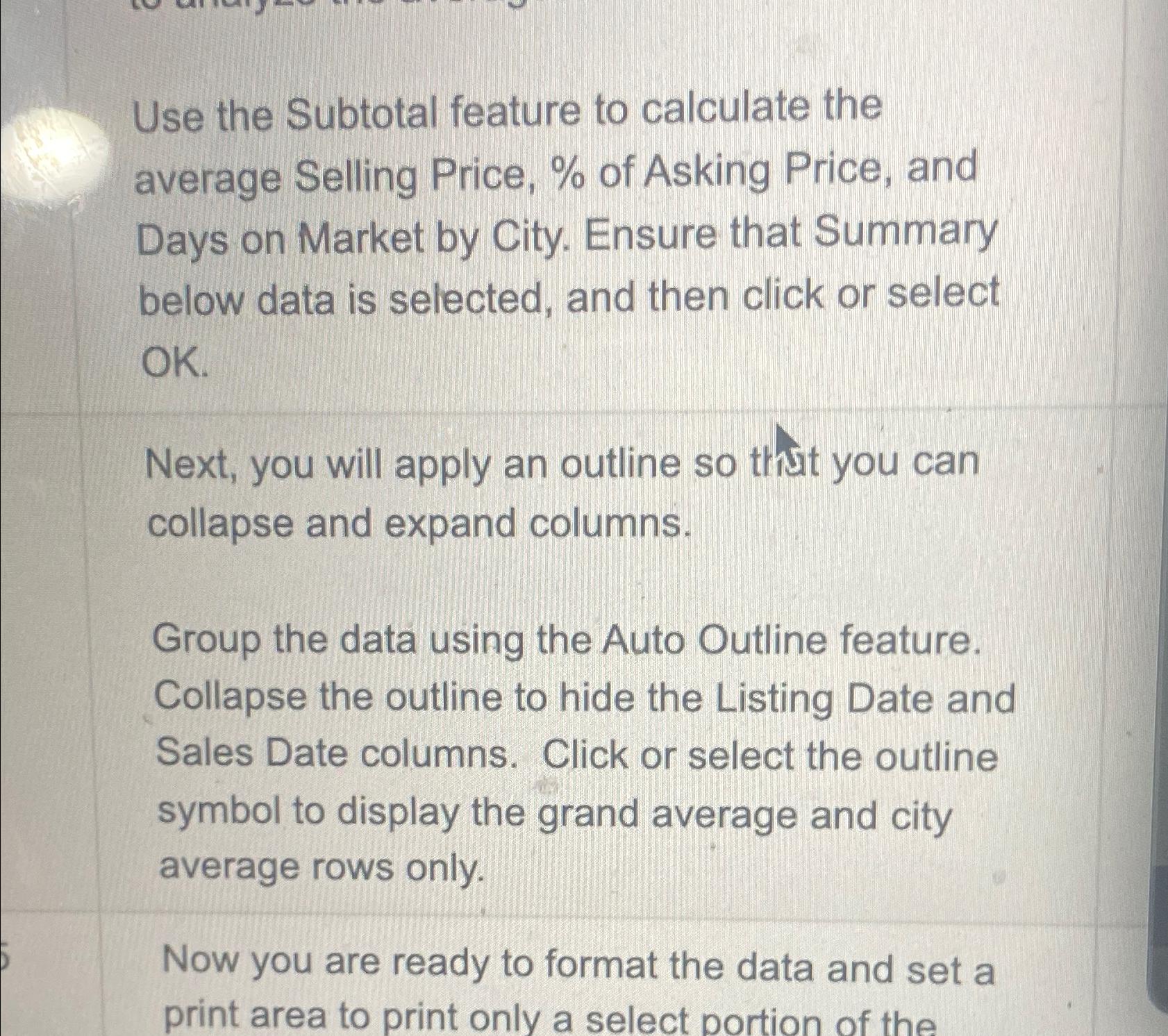 Use the Subtotal feature to calculate the average | Chegg.com