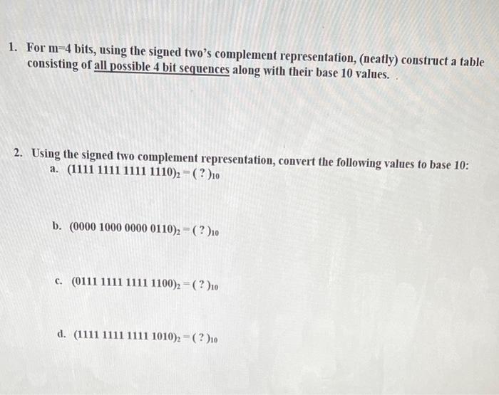 Solved 1. For m=4 bits, using the signed two's complement | Chegg.com