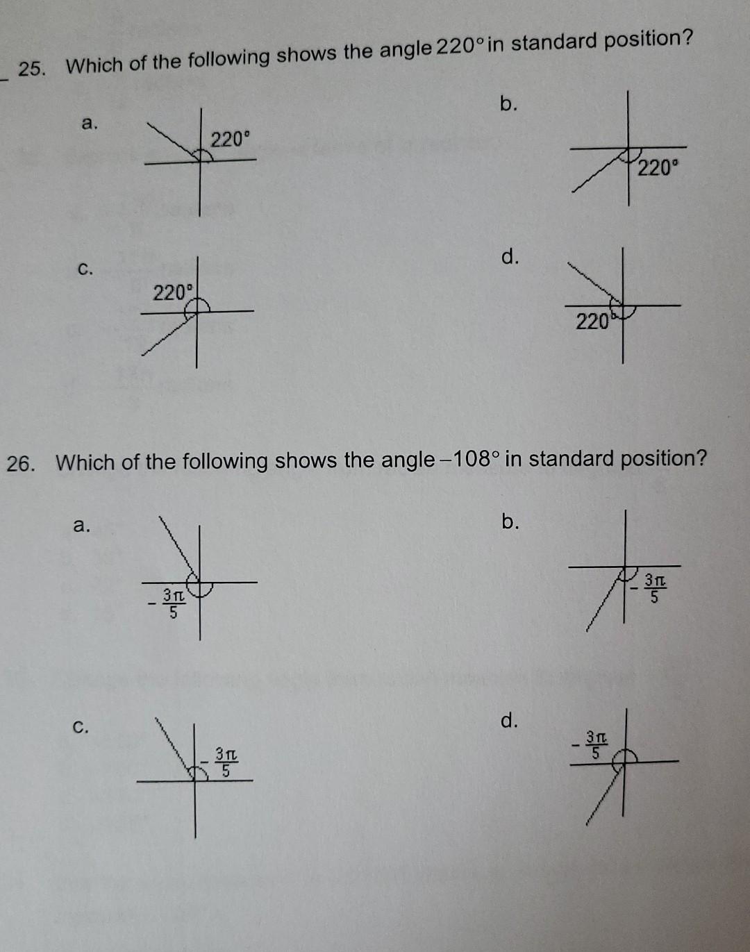 Solved _ 25. Which of the following shows the angle 220°in | Chegg.com