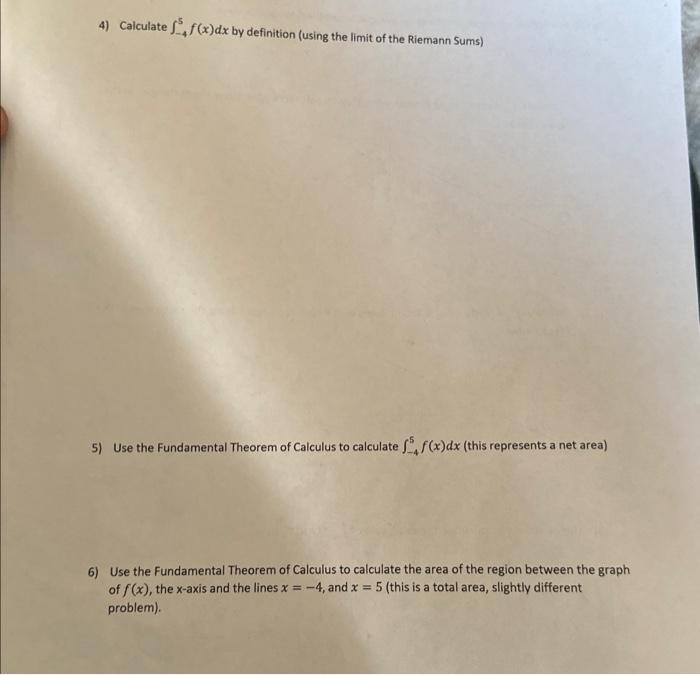 Solved 4) Calculate ∫−45f(x)dx by definition (using the | Chegg.com