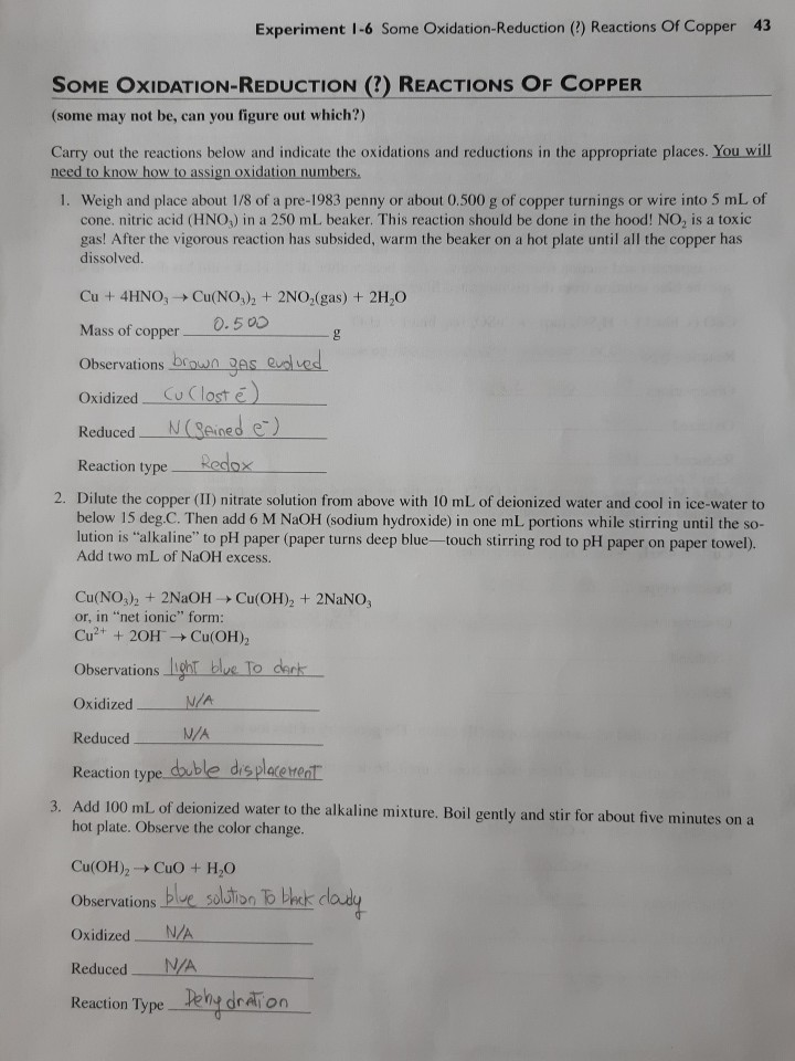 Solved Experiment 1-6 Some Oxidation-Reduction (?) Reactions | Chegg.com