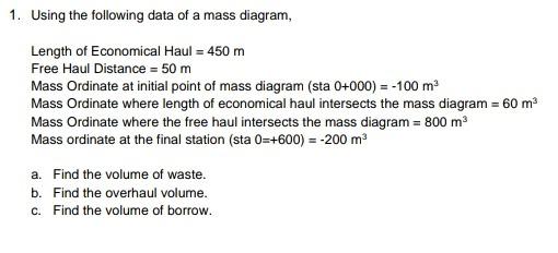 Solved 1. Using the following data of a mass diagram, Length | Chegg.com