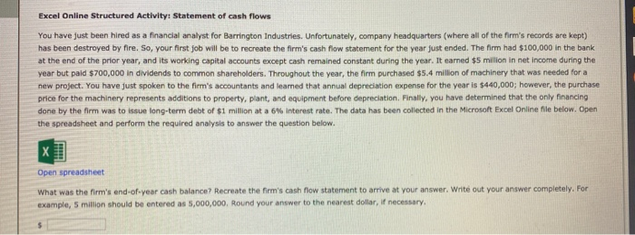 Solved Excel Online Structured Activity: Statement of cash | Chegg.com