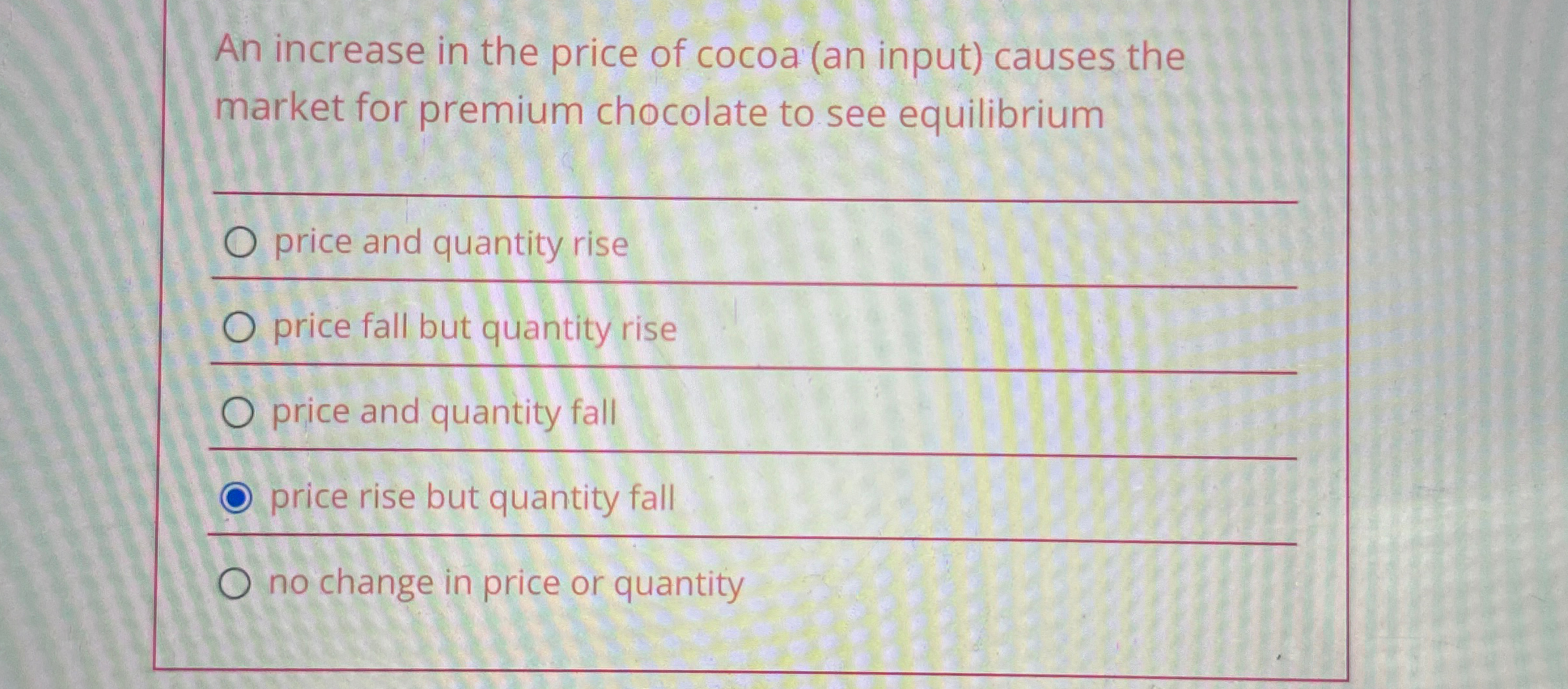Solved An increase in the price of cocoa (an input) ﻿causes | Chegg.com