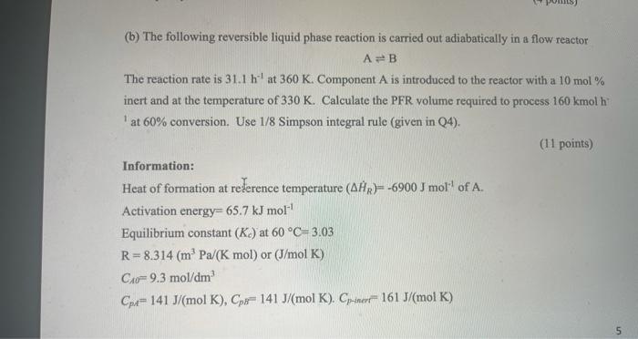 Solved (a) The following reversible gas phase reaction is | Chegg.com