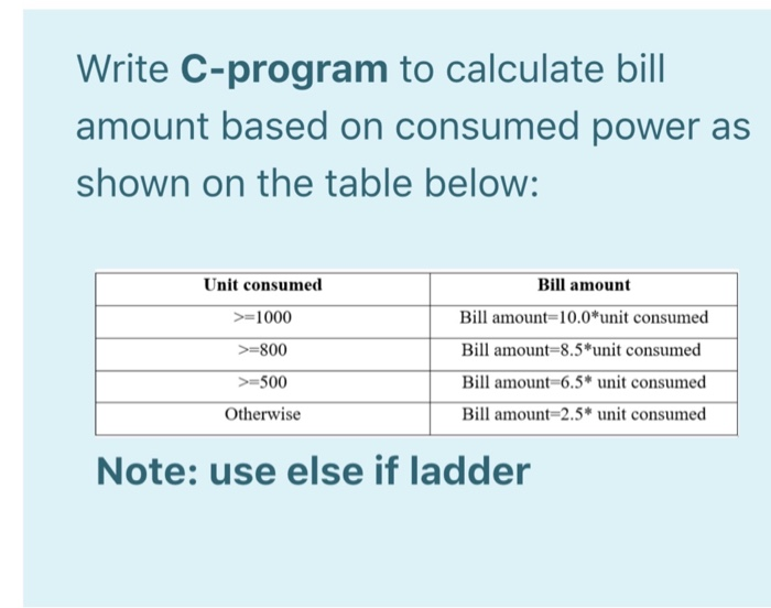 Solved Write C-program to calculate bill amount based on | Chegg.com