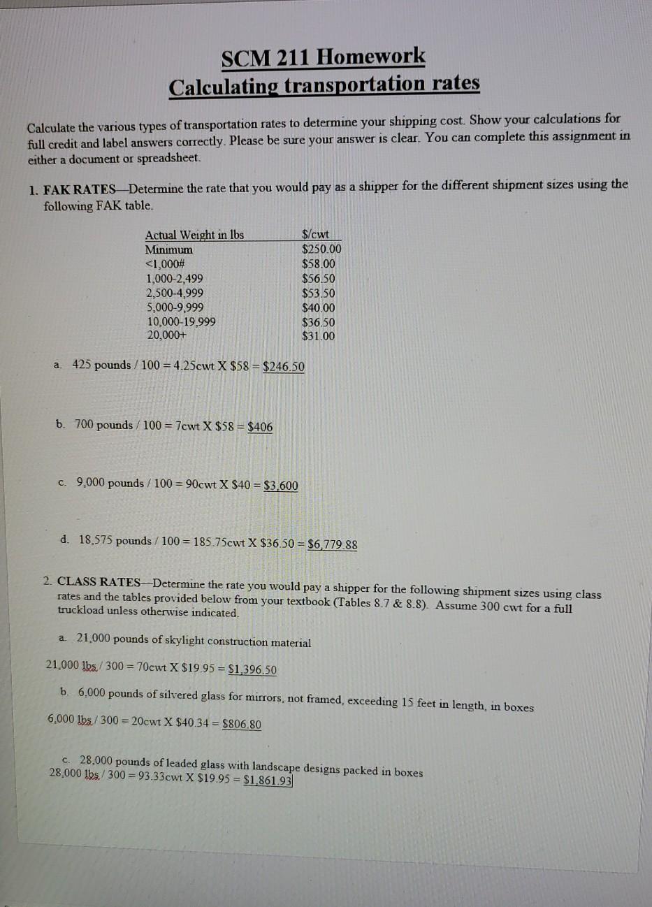 SCM 211 Homework Calculating transportation rates | Chegg.com