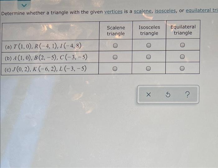 Solved Determine whether a triangle with the given vertices | Chegg.com