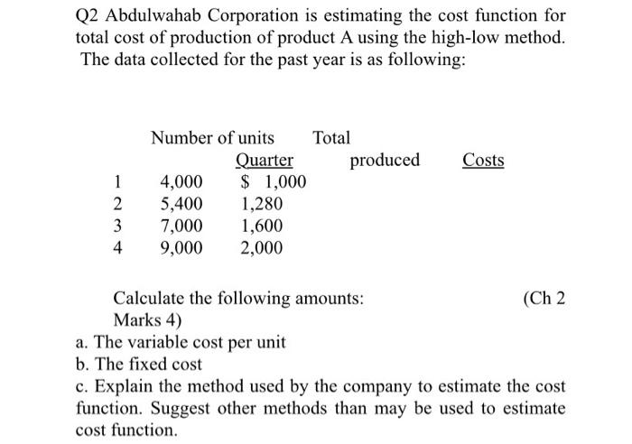 Solved Q2 Abdulwahab Corporation is estimating the cost | Chegg.com