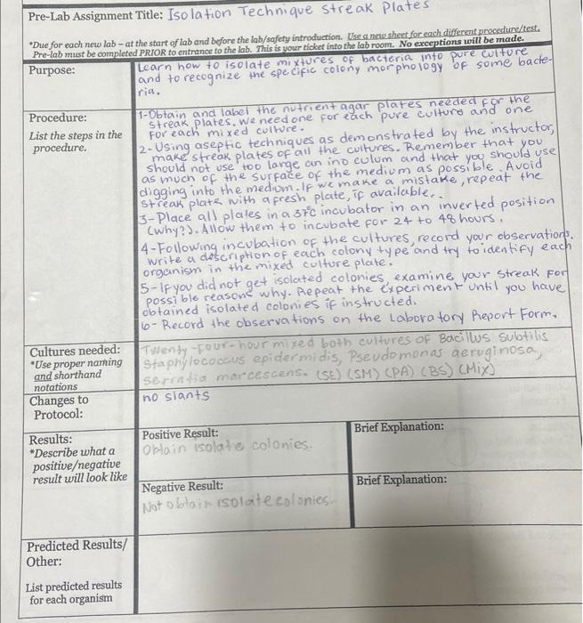 Solved Pre-Lab Assignment Title: Isolation Technique Streak | Chegg.com