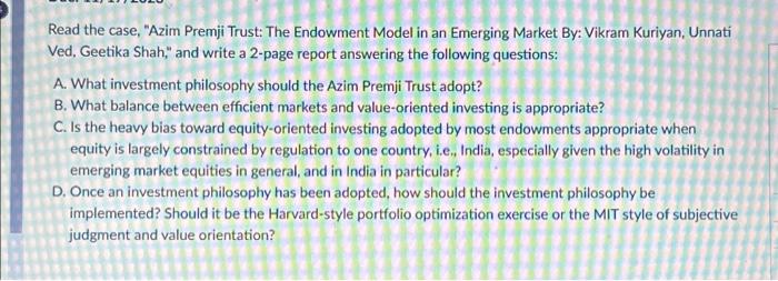 Solved Read the case, "Azim Premji Trust: The Endowment | Chegg.com