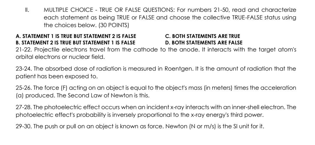 Solved II. MULTIPLE CHOICE - TRUE OR FALSE QUESTIONS: For | Chegg.com