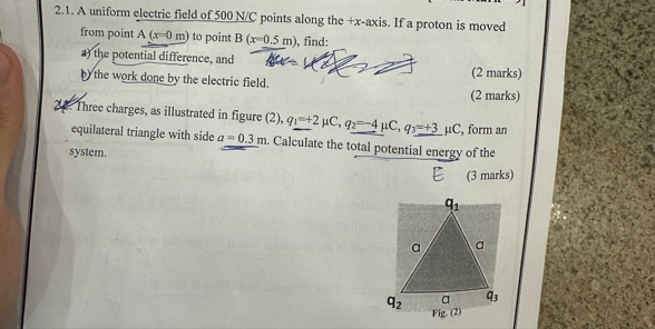 Solved 2.1. ﻿A uniform electric field of 500NC ﻿points along | Chegg.com