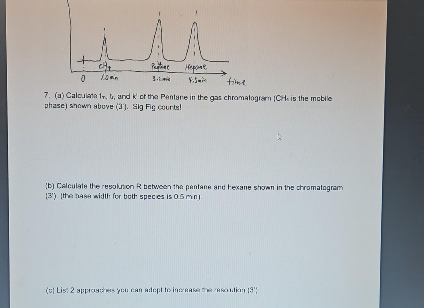 Solved 7. (a) Calculate tm,tr, and k′ of the Pentane in the | Chegg.com