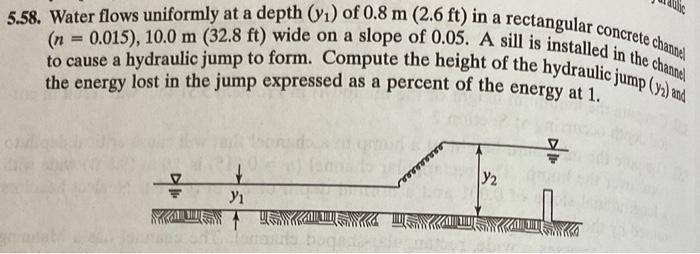 Solved 5.58. Water flows uniformly at a depth (y1) of 0.8 | Chegg.com